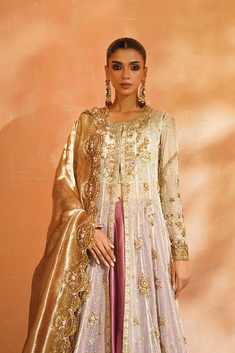 Ivory Net Kalidaar With Lehenga & Dupatta – Sumaira Khanani